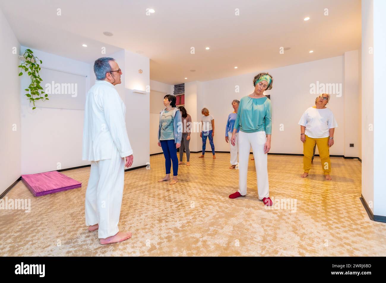 Group of mature caucasian women stretching during qigong class leaded ...