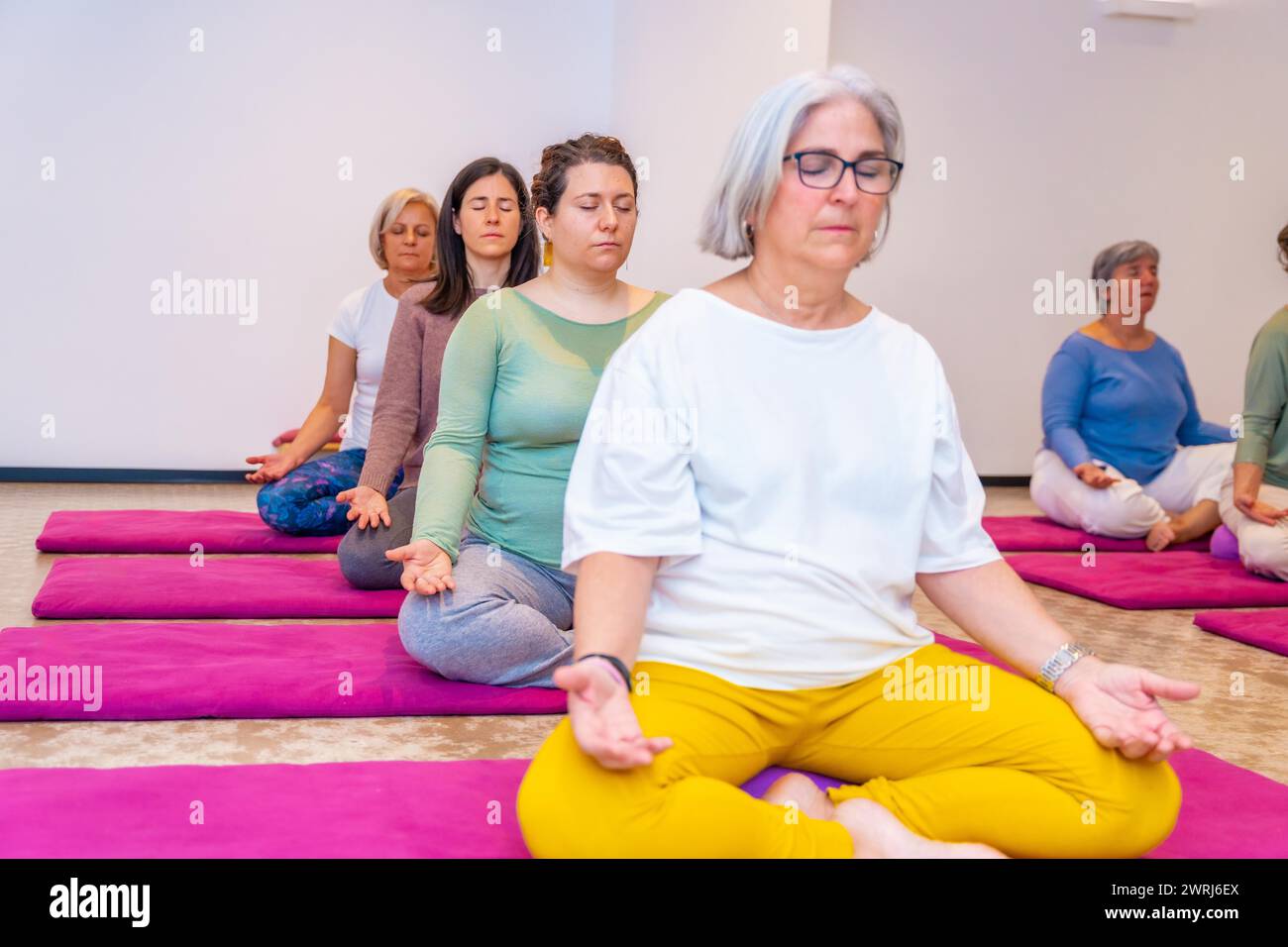 Yogi women in lotus position meditating together in a community class ...