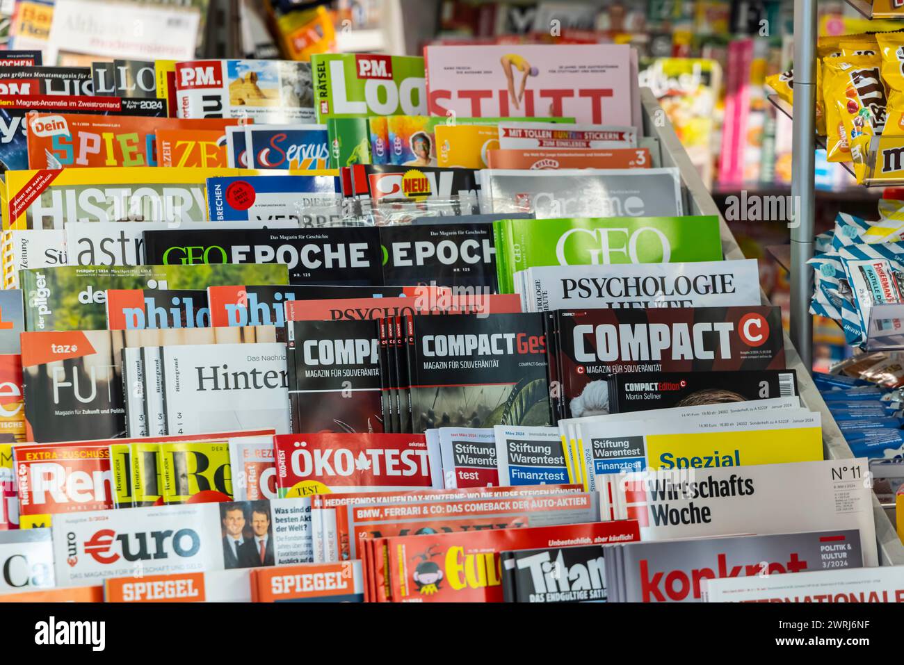 Magazine kiosk with Compact magazines. Compact is a far-right political ...