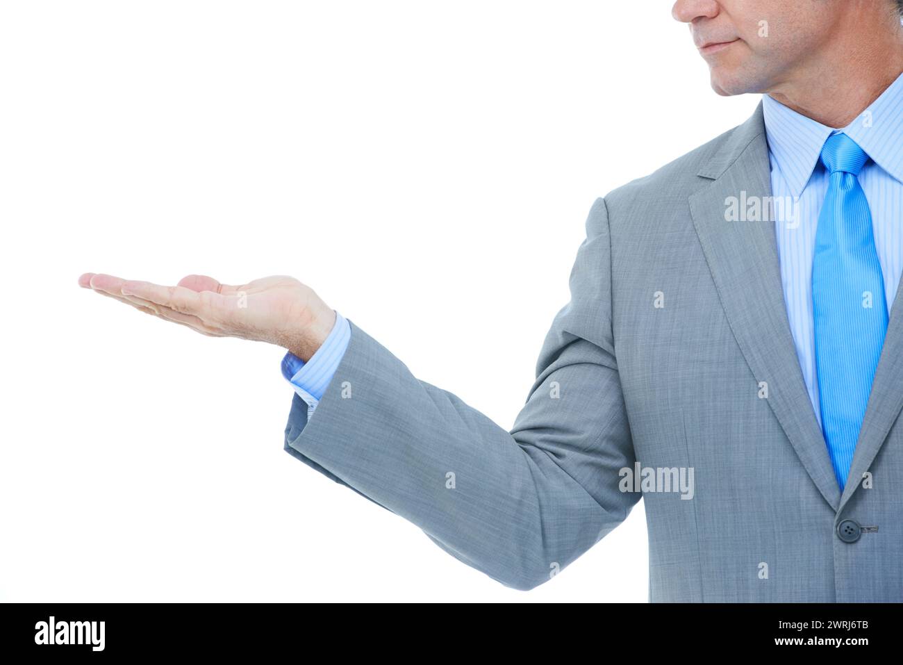 Businessman, hands and palm with advertising for marketing or ...