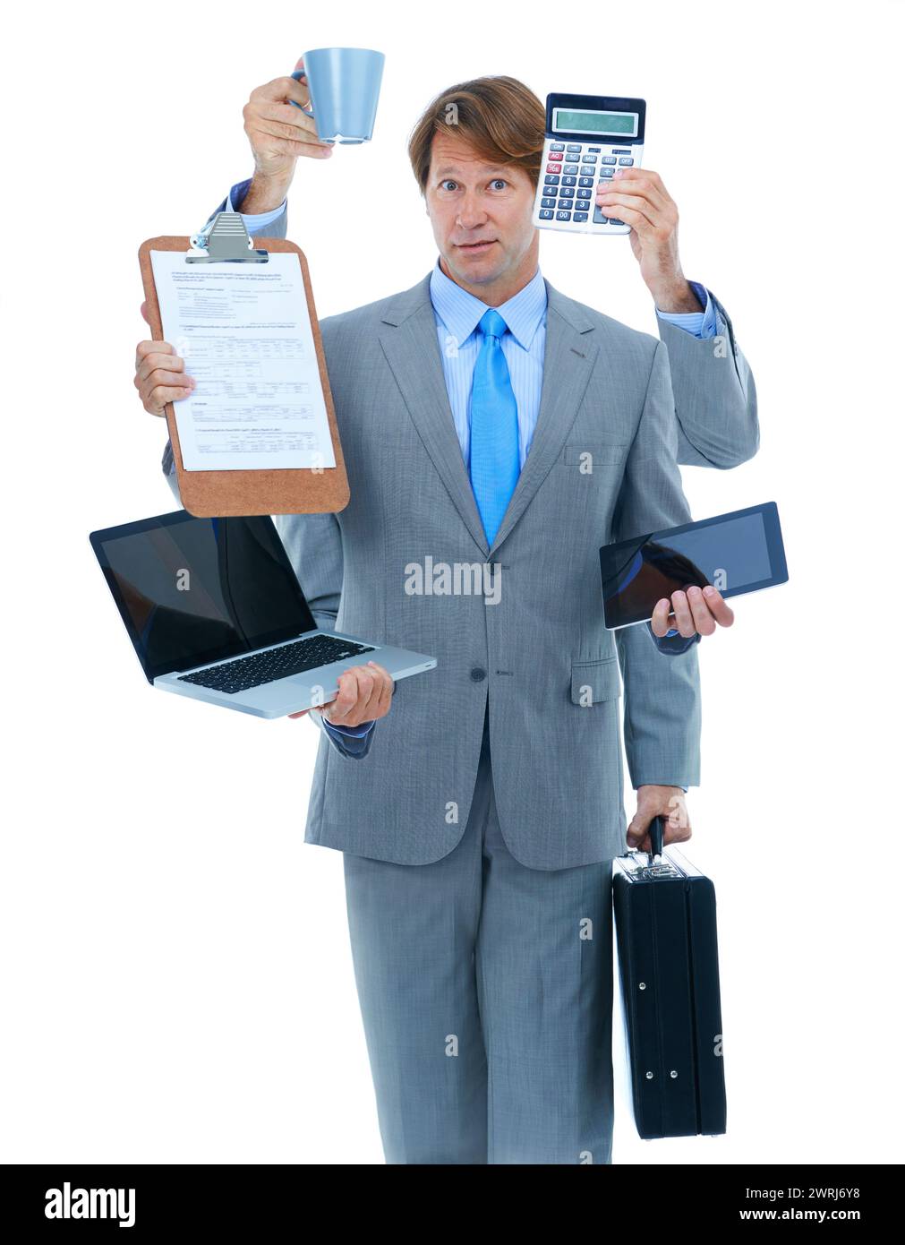Businessman, portrait and hands with multitasking for finance or ...
