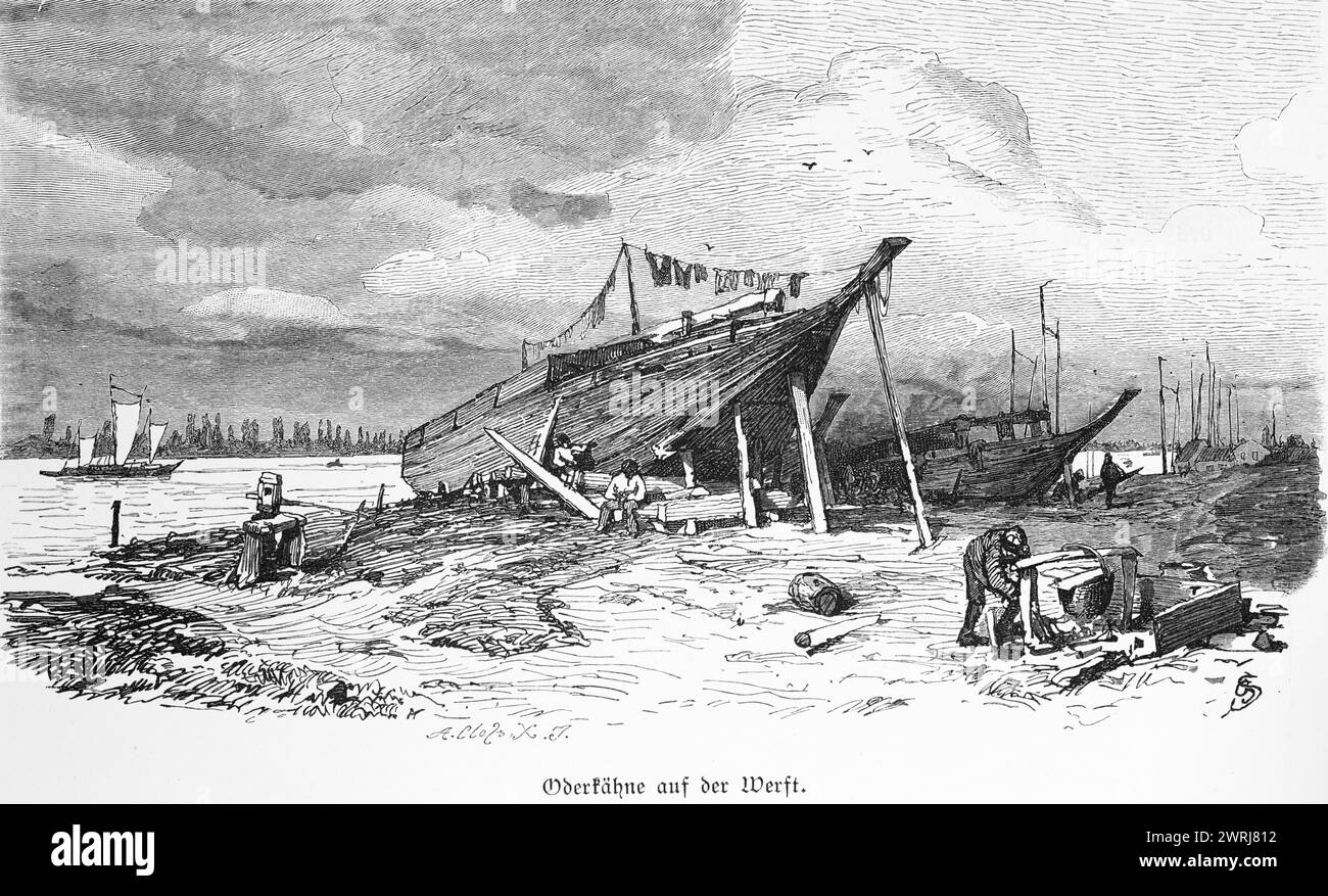 Oder barges at the shipyard, Stettin or Szczecin, Poland, river, bank ...