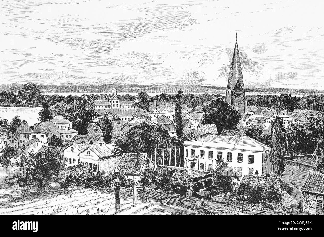 Town view of Eutin, Eutin Lake District, castle, church, field ...