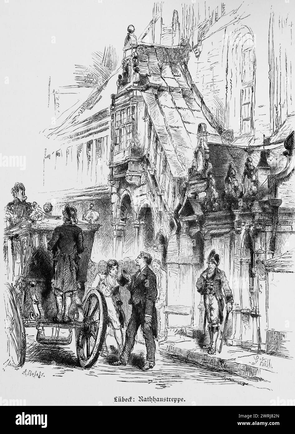 Town hall with covered staircase, Hanseatic city of Luebeck, hansom cab ...