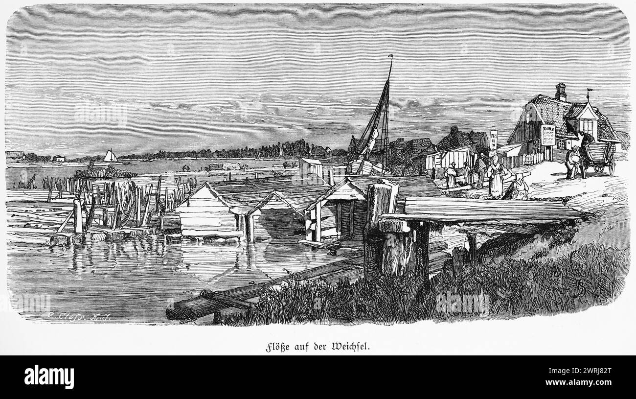 On the Vistula or Wisla, Poland, Bottshaeuser, village, footbridge ...