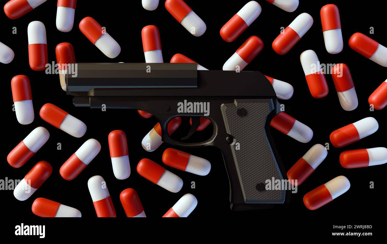 3d rendering of drugs capsule and gun Stock Photo - Alamy