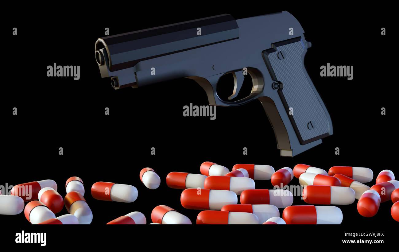 3d rendering of drugs capsule and gun Stock Photo - Alamy