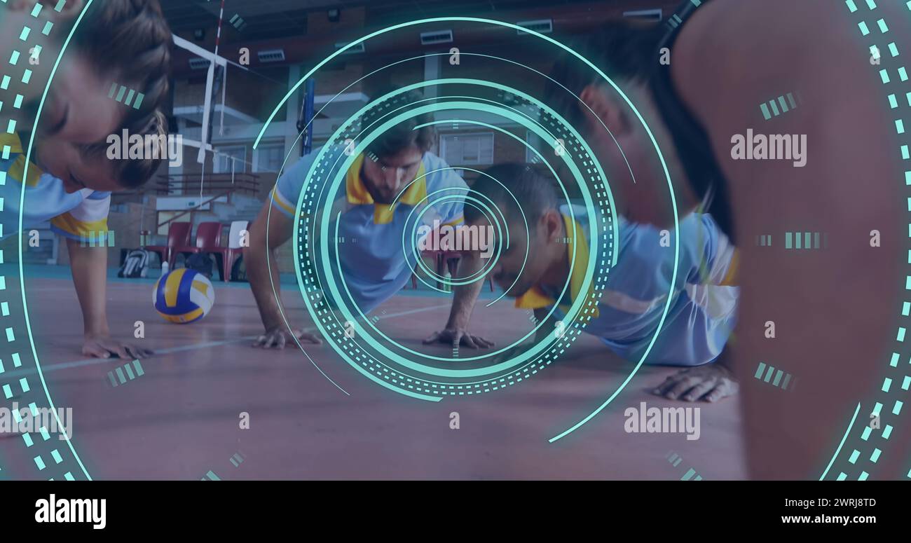 Image of scope scanning over diverse male volleyball players doing push ups Stock Photo - Alamy