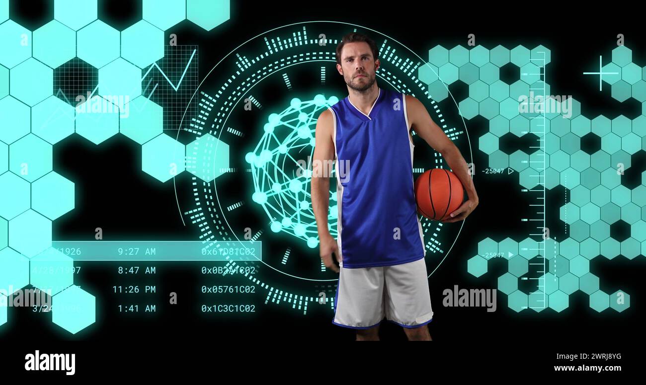 Image Of Scope Scanning And Data Processing With Shapes Over Caucasian Man With Basketball Stock