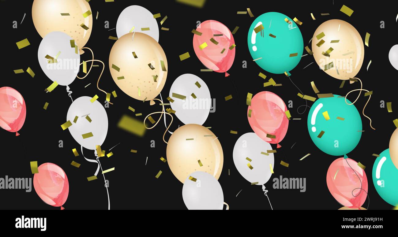 Image of colorful balloons flying and falling confetti over black ...