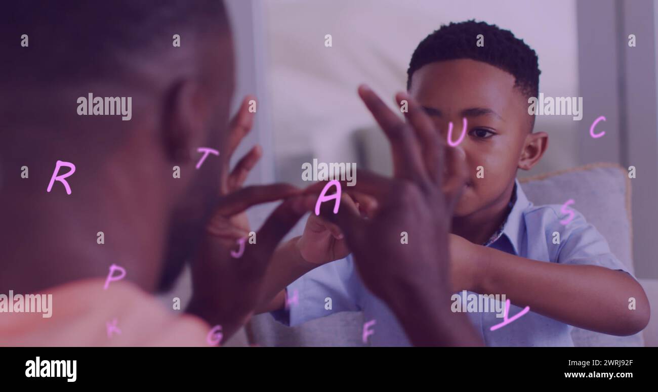 Image of letters floating over happy african american father and son ...