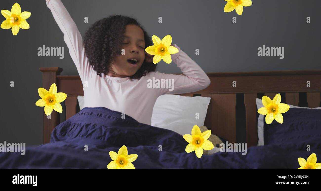 Image of flowers over african american girl waking up Stock Photo - Alamy