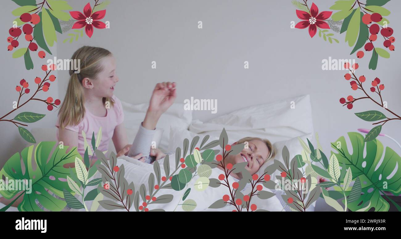 Image of flowers over daughter waking up her mother Stock Photo - Alamy
