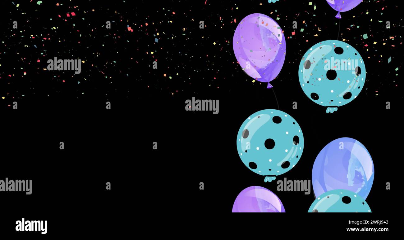Image of colorful balloons flying and falling confetti over black ...