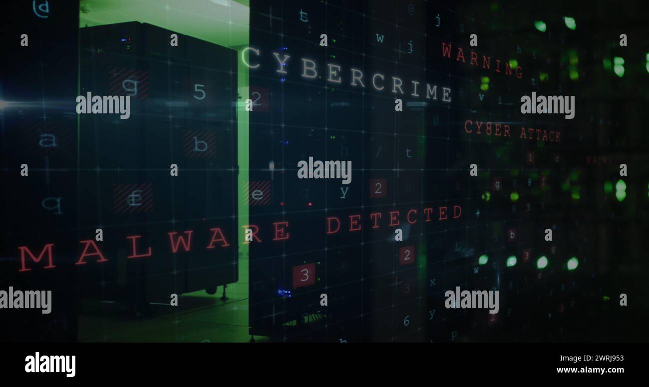 Image of data processing and online cyber attack warning over green lights of computer servers ...