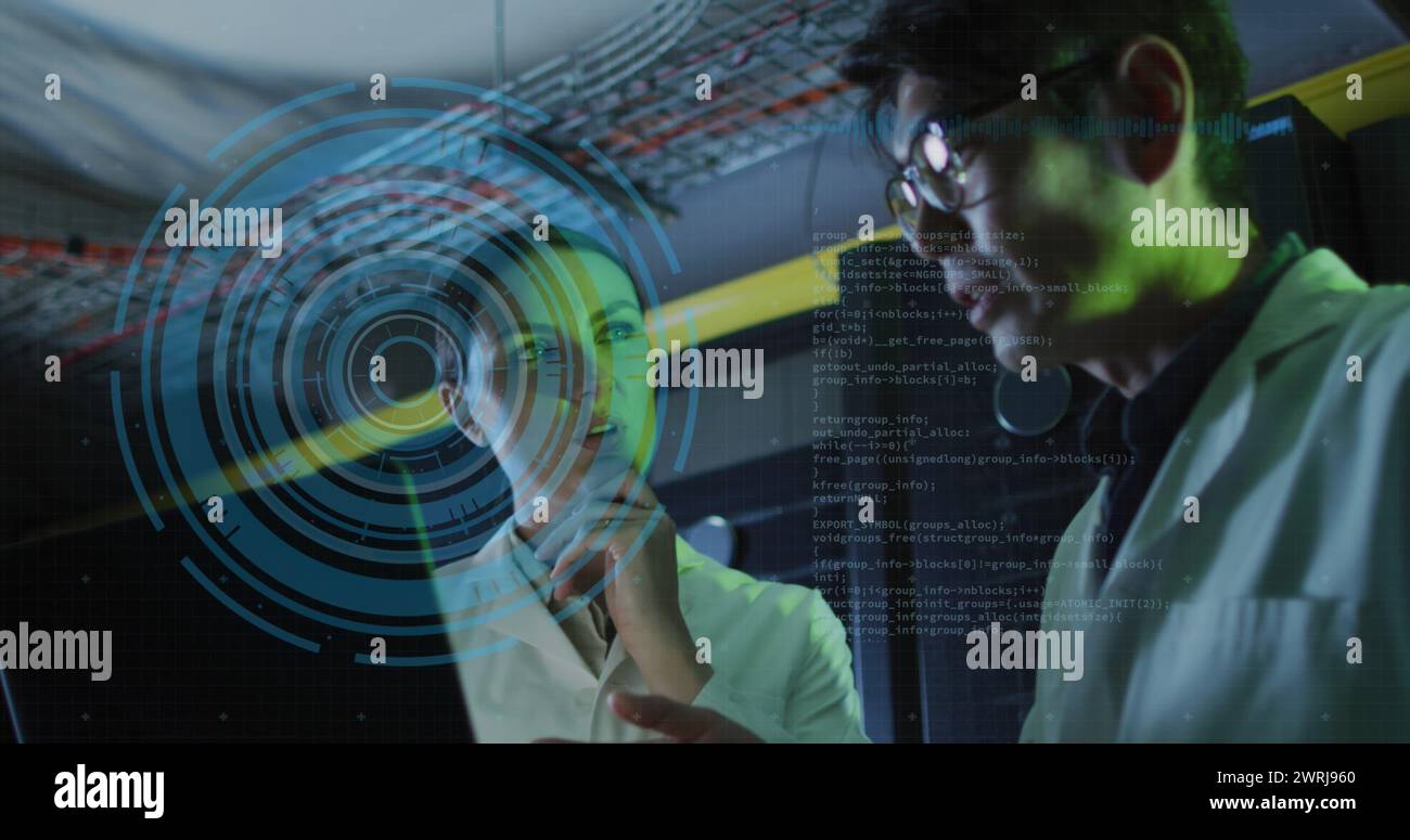 Image of data over diverse male and female it engineers with laptop by computer server Stock ...