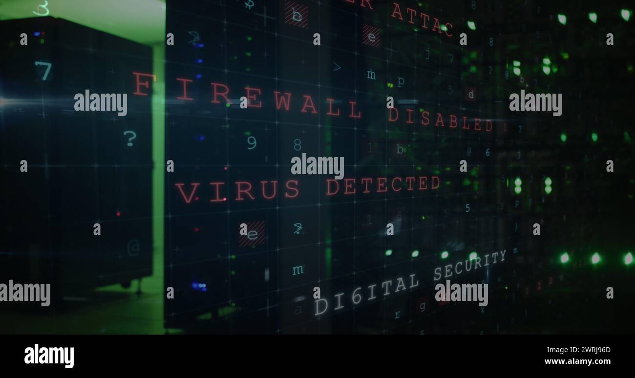Image of data processing and online cyber attack warning over green lights of computer servers ...