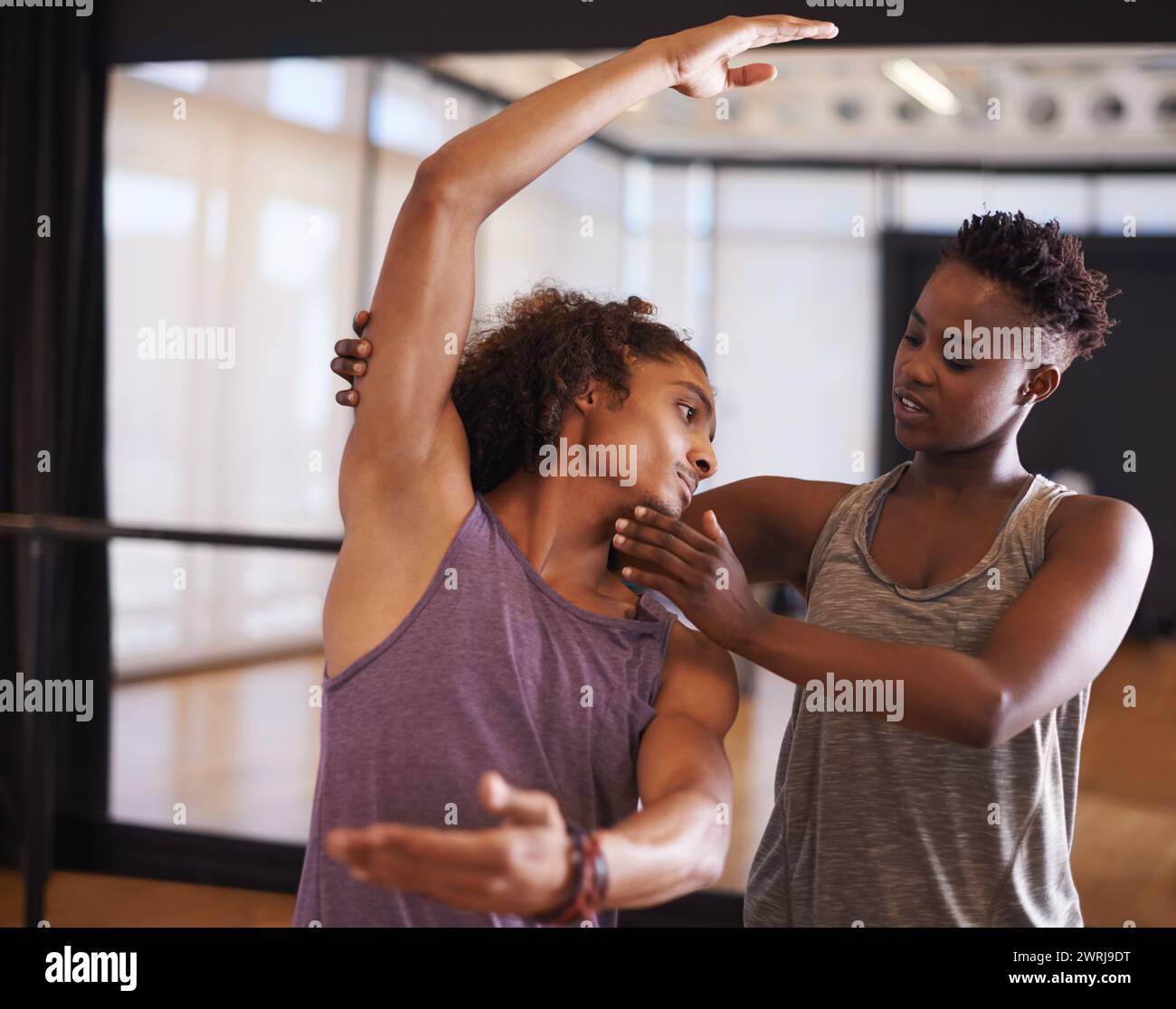 Dancer, instructor and balance for learning, exercise and fitness in a ...