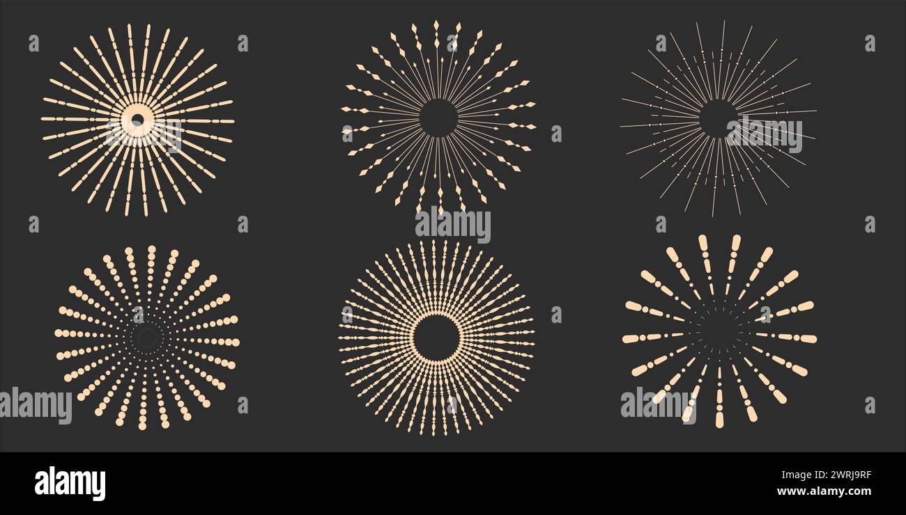 Set of light rays, sunbeams, and solar rays. Design elements, linear ...