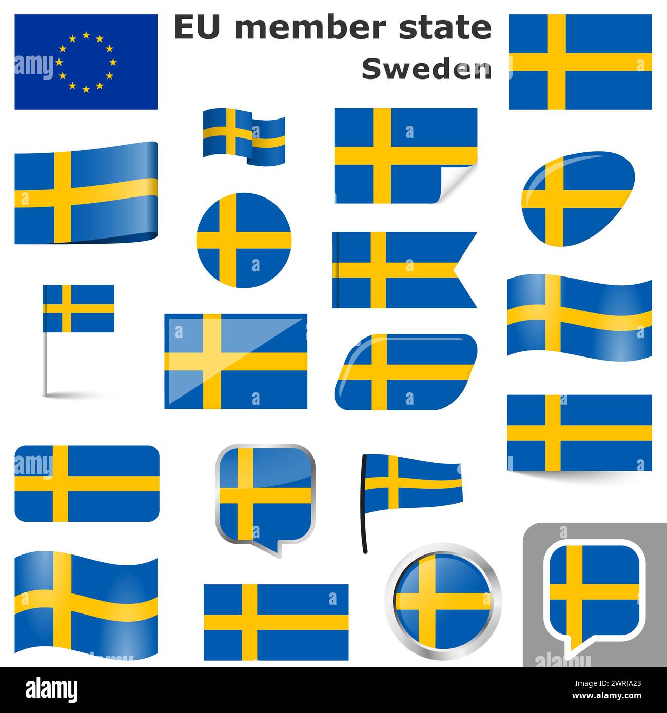 Collection Of Flags And Buttons With National Country Colors Of Sweden
