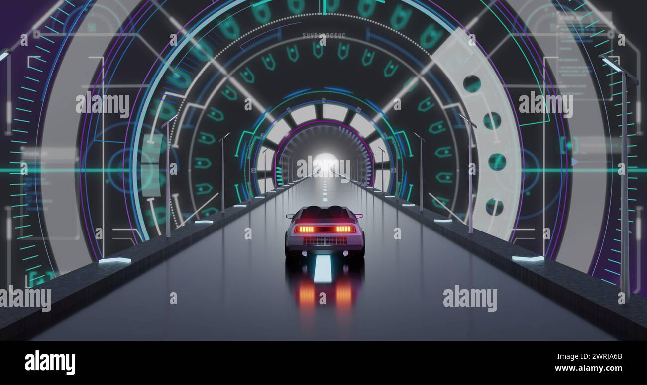 Image of digital interface wth binary coding over image car driving ...