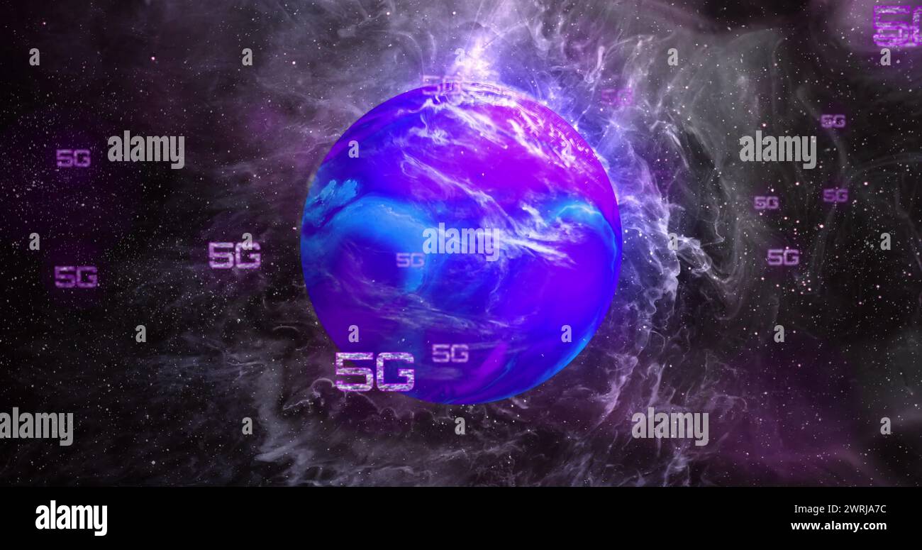 Image of network of 5g text over globe and light trails Stock Photo - Alamy