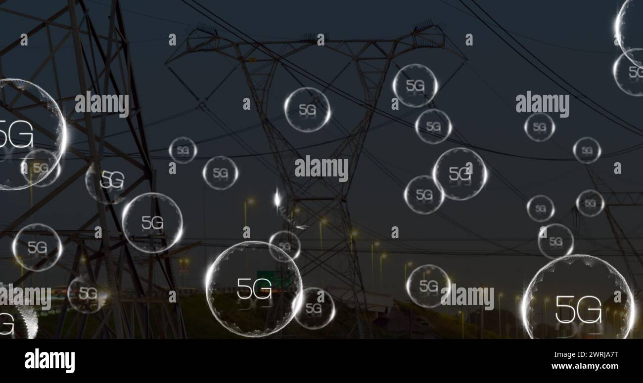 Image of network of 5g text over electrical pylons. Global networks ...