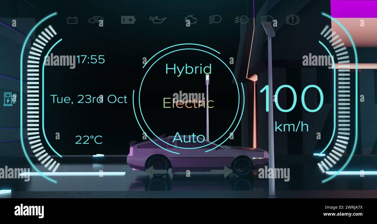 Image of digital interface with charging text over electric car driving Stock Photo - Alamy
