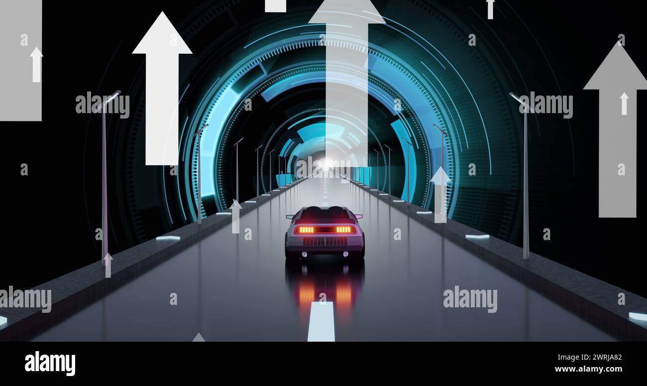 Image of digital interface with arrows over car driving Stock Photo - Alamy