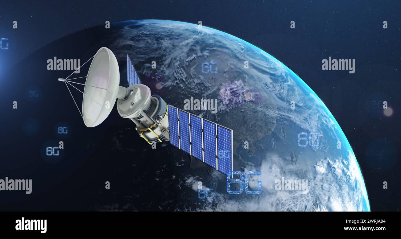 Image of network of 6g text over satellite and globe Stock Photo - Alamy