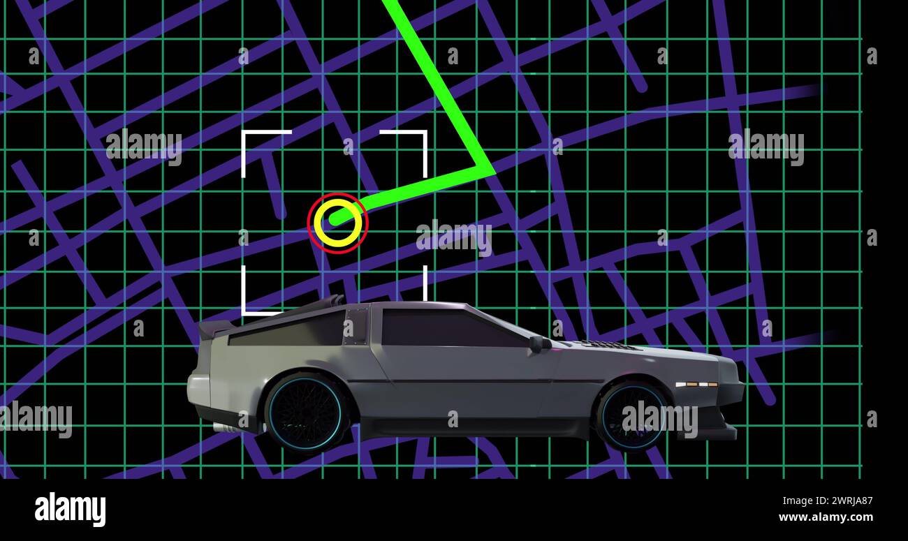 Image of digital interface with map over car driving Stock Photo - Alamy