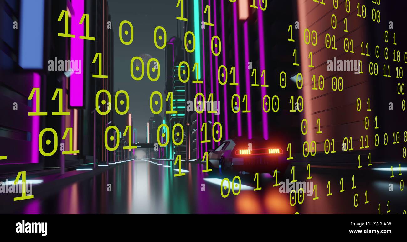 Image of digital interface with binary coding over car driving Stock ...