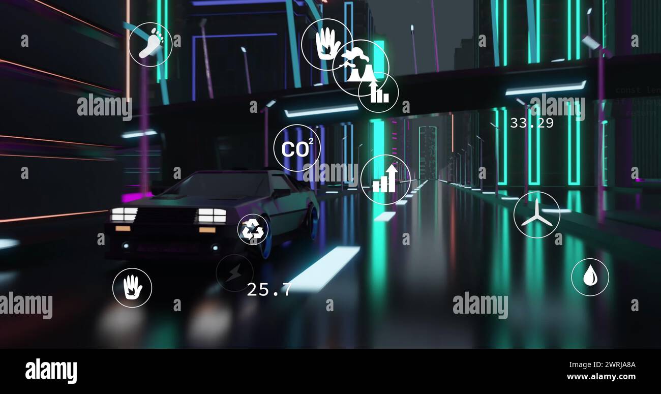 Image of digital interface with icons over car driving Stock Photo - Alamy