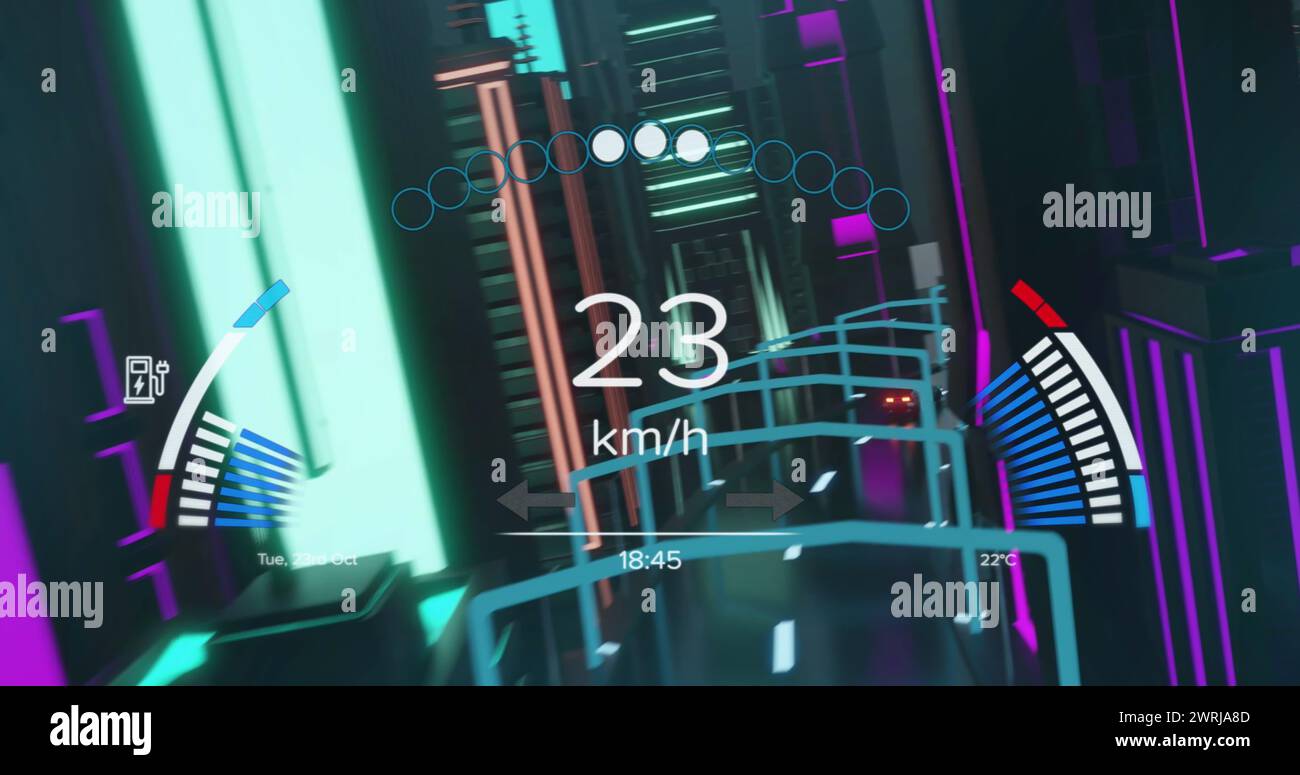 Image of digital interface over car driving. Global connections ...