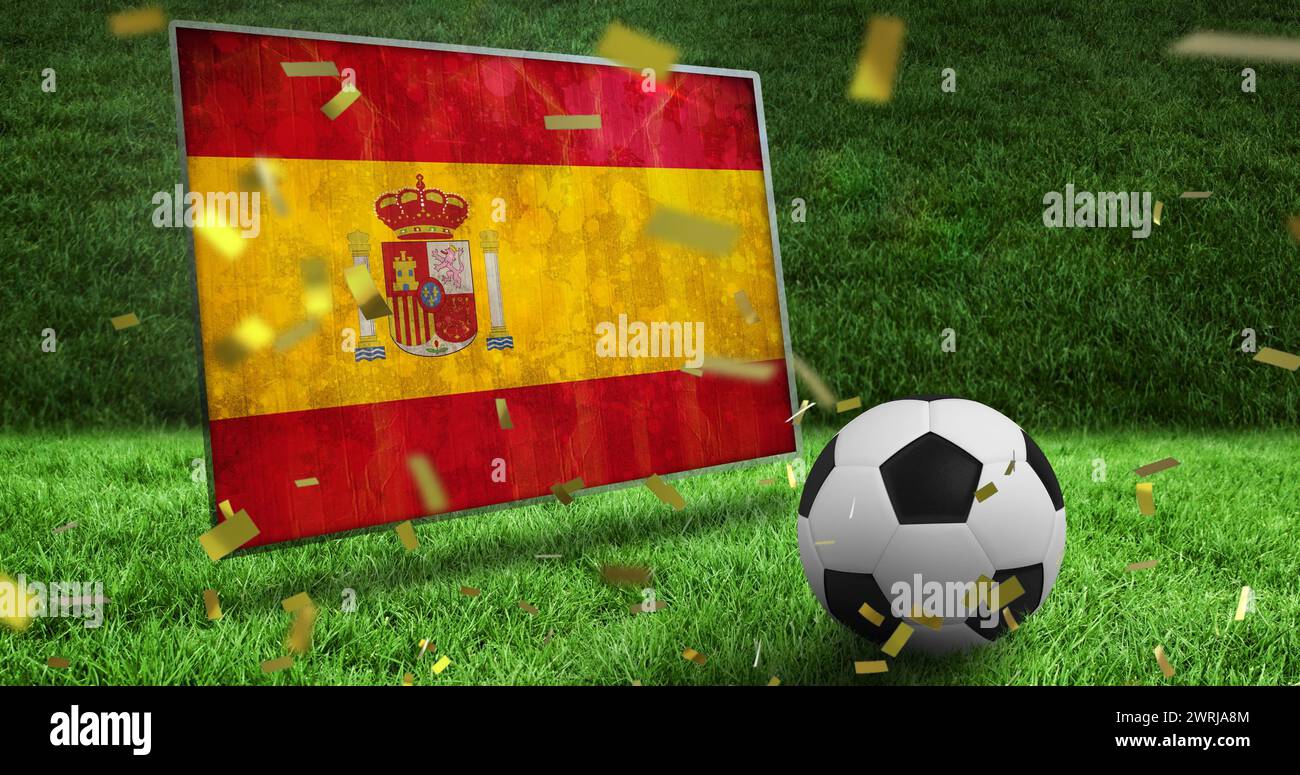 Image of falling gold confetti and football ball over flag of spain ...