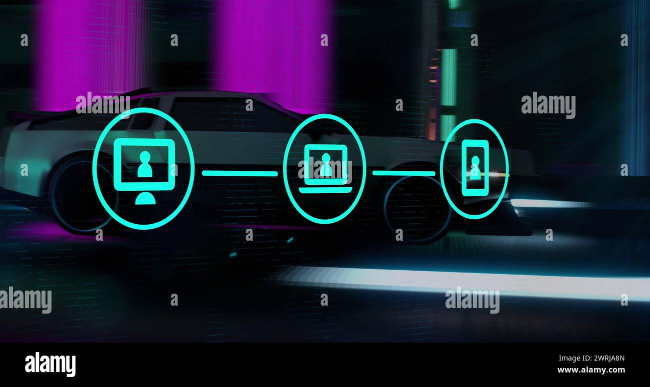 Image of digital interface with icons over car driving Stock Photo - Alamy