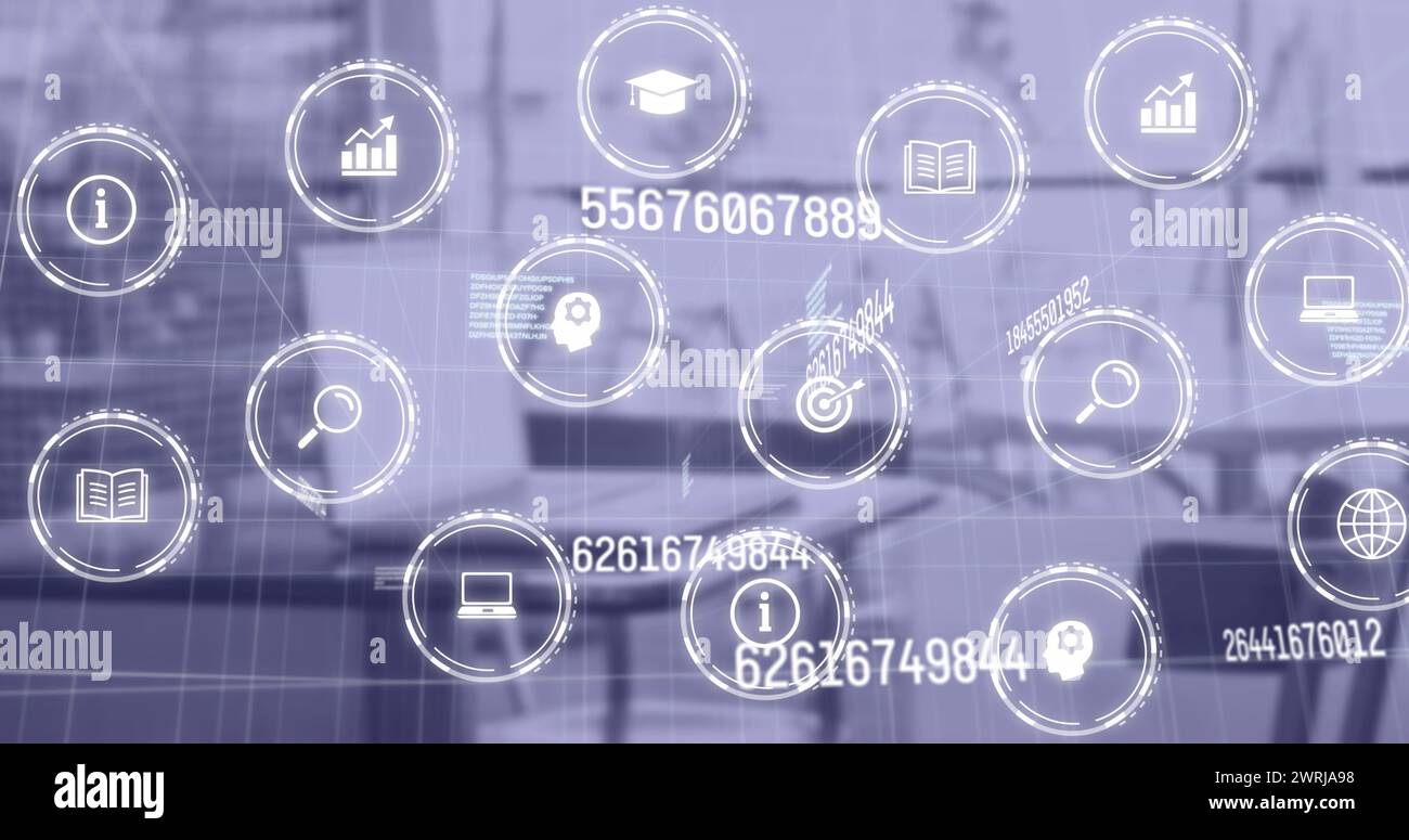 Image of network of connections with icons over office desk Stock Photo ...