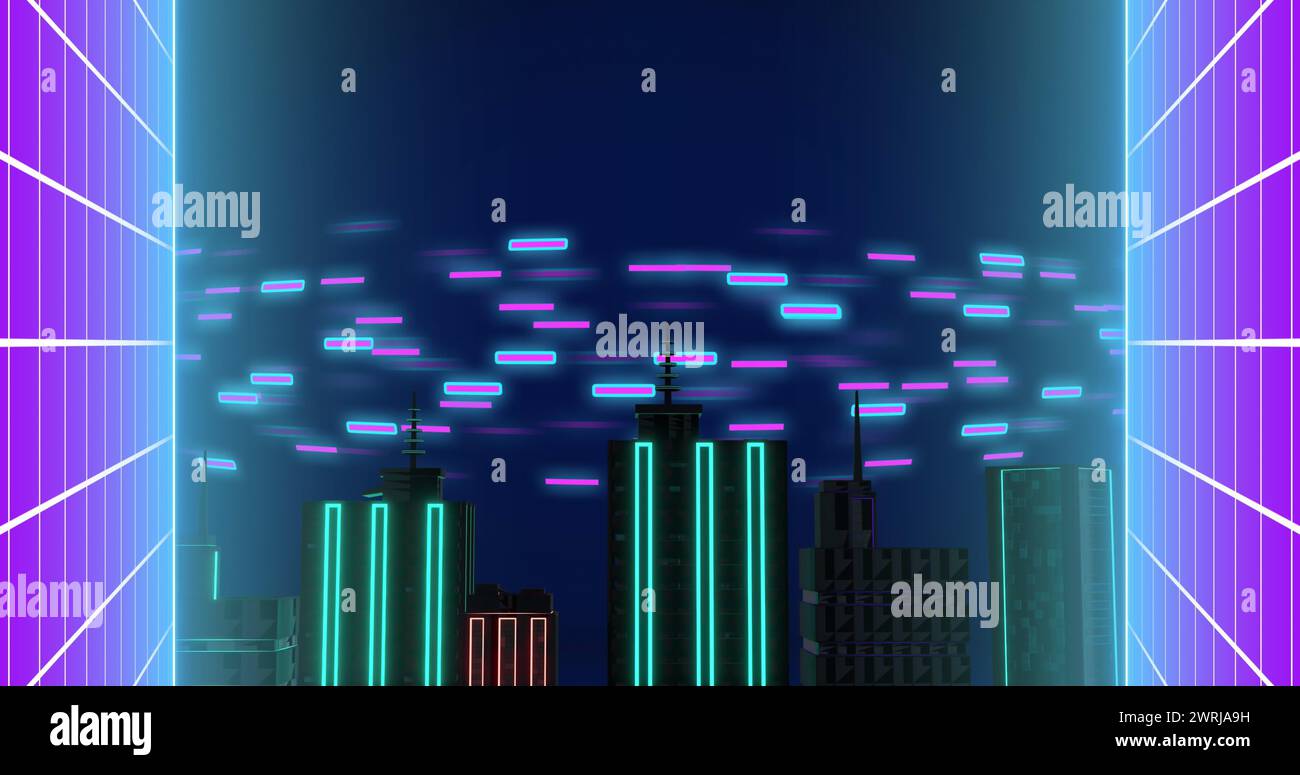 Image of light trails moving over cityscape Stock Photo - Alamy