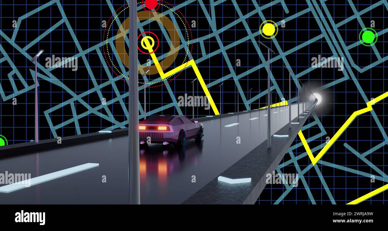 Image of digital interface with map over car driving Stock Photo - Alamy