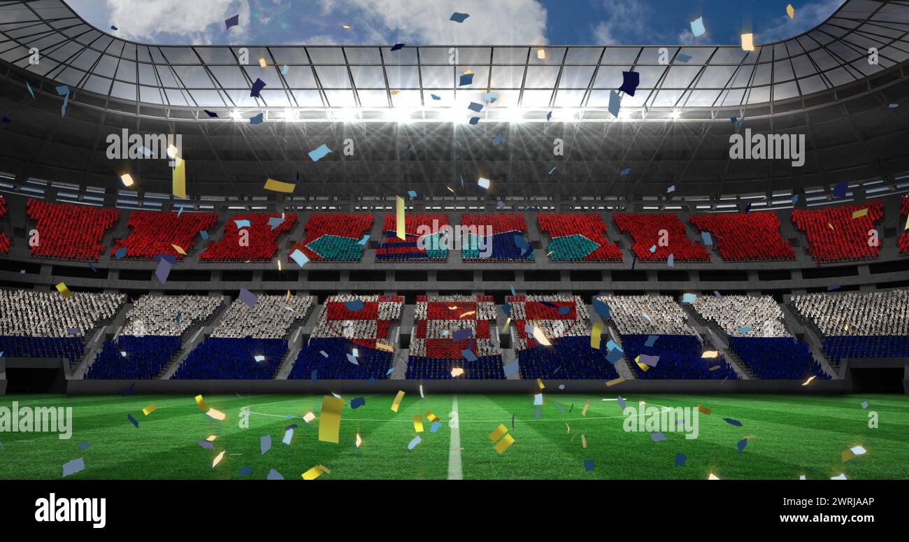 Image of falling golden confetti over football stadium Stock Photo - Alamy