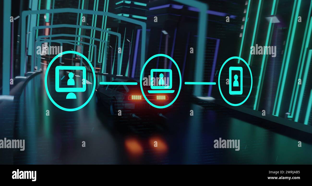 Image of digital interface with icons over car driving Stock Photo - Alamy