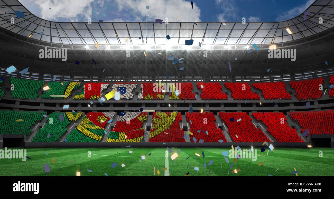 Image of falling golden confetti over football stadium Stock Photo - Alamy