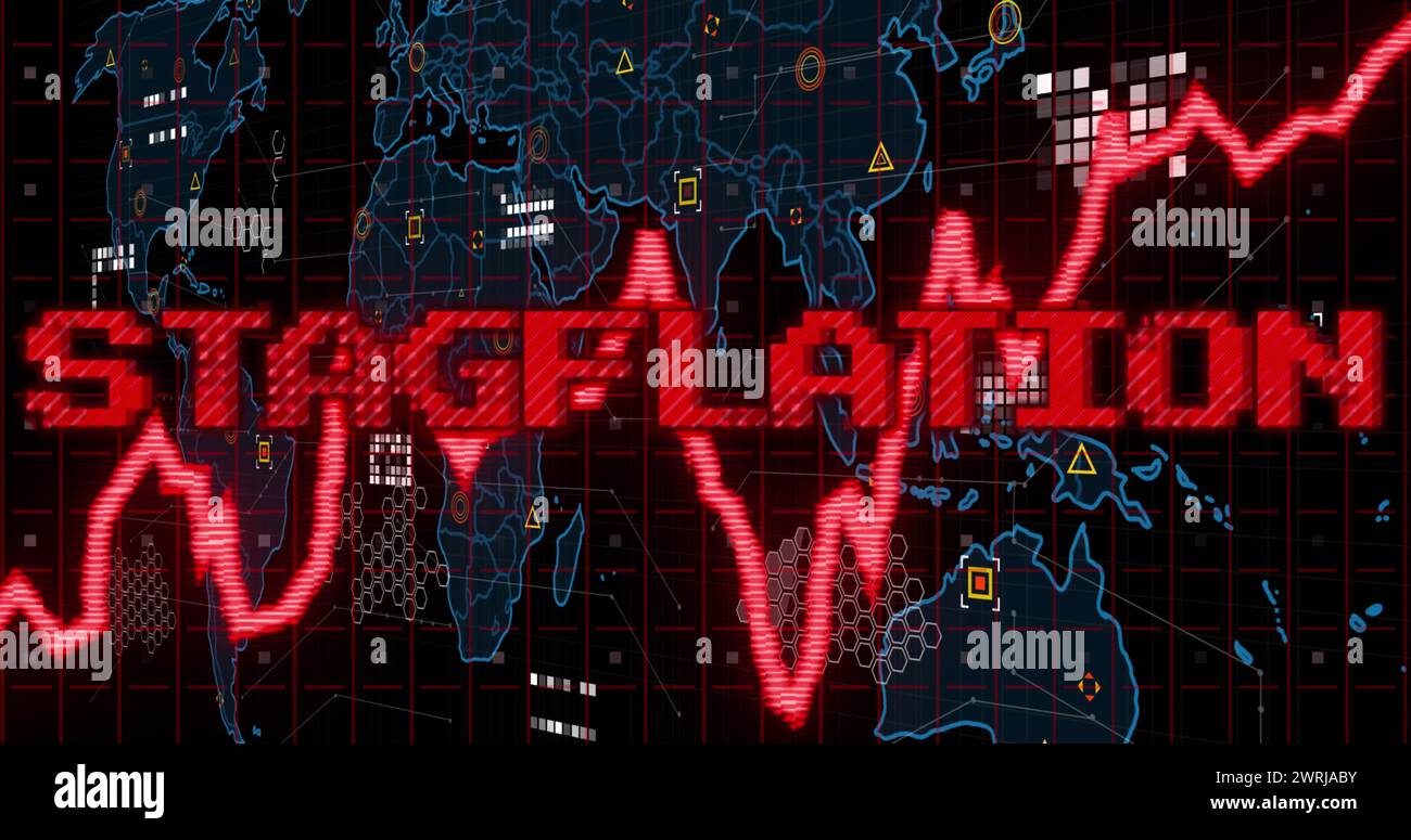 Image of stagflation text in red over graph and world map processing data. Global business ...