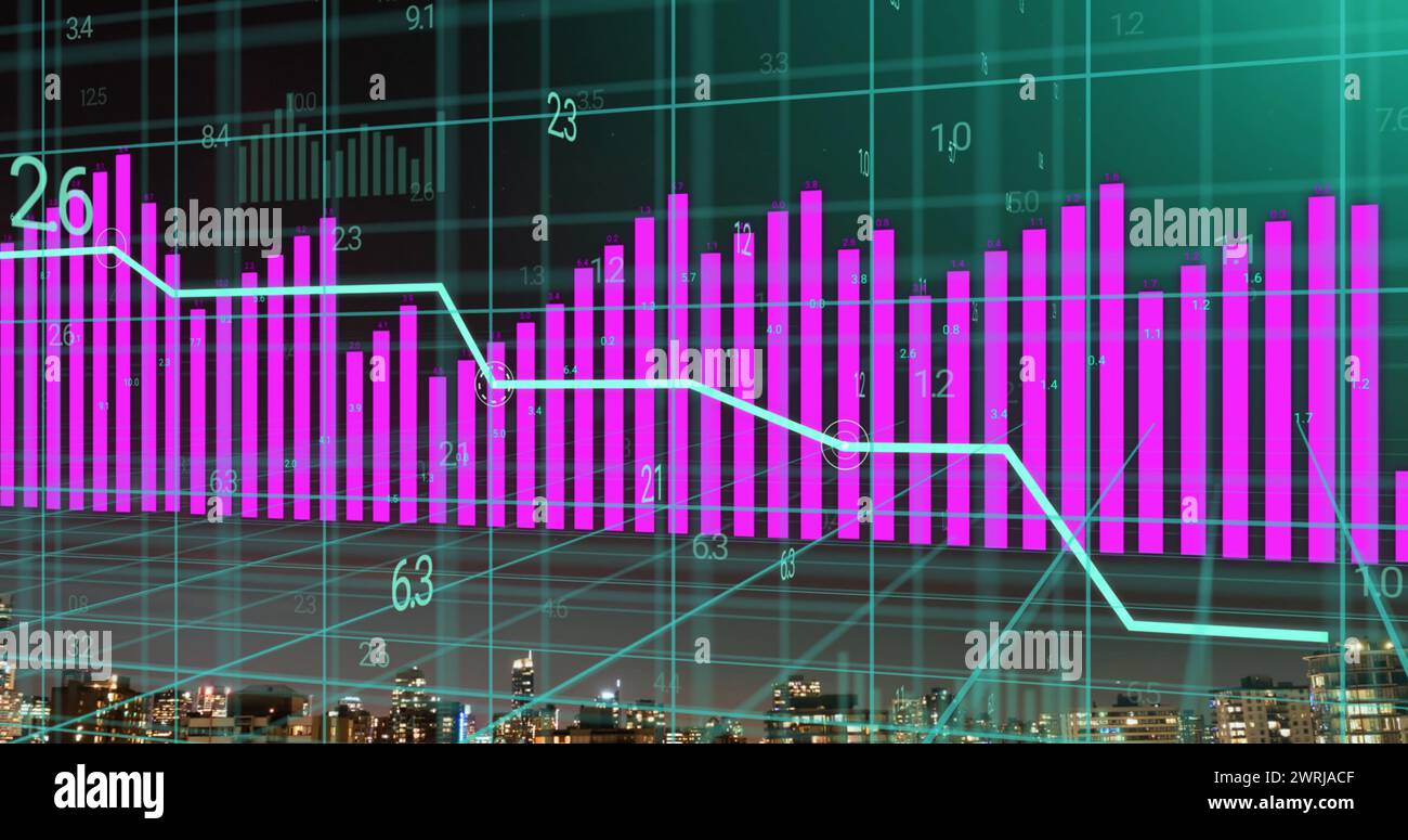 Image of pink and blue graphs processing data on grid over cityscape ...