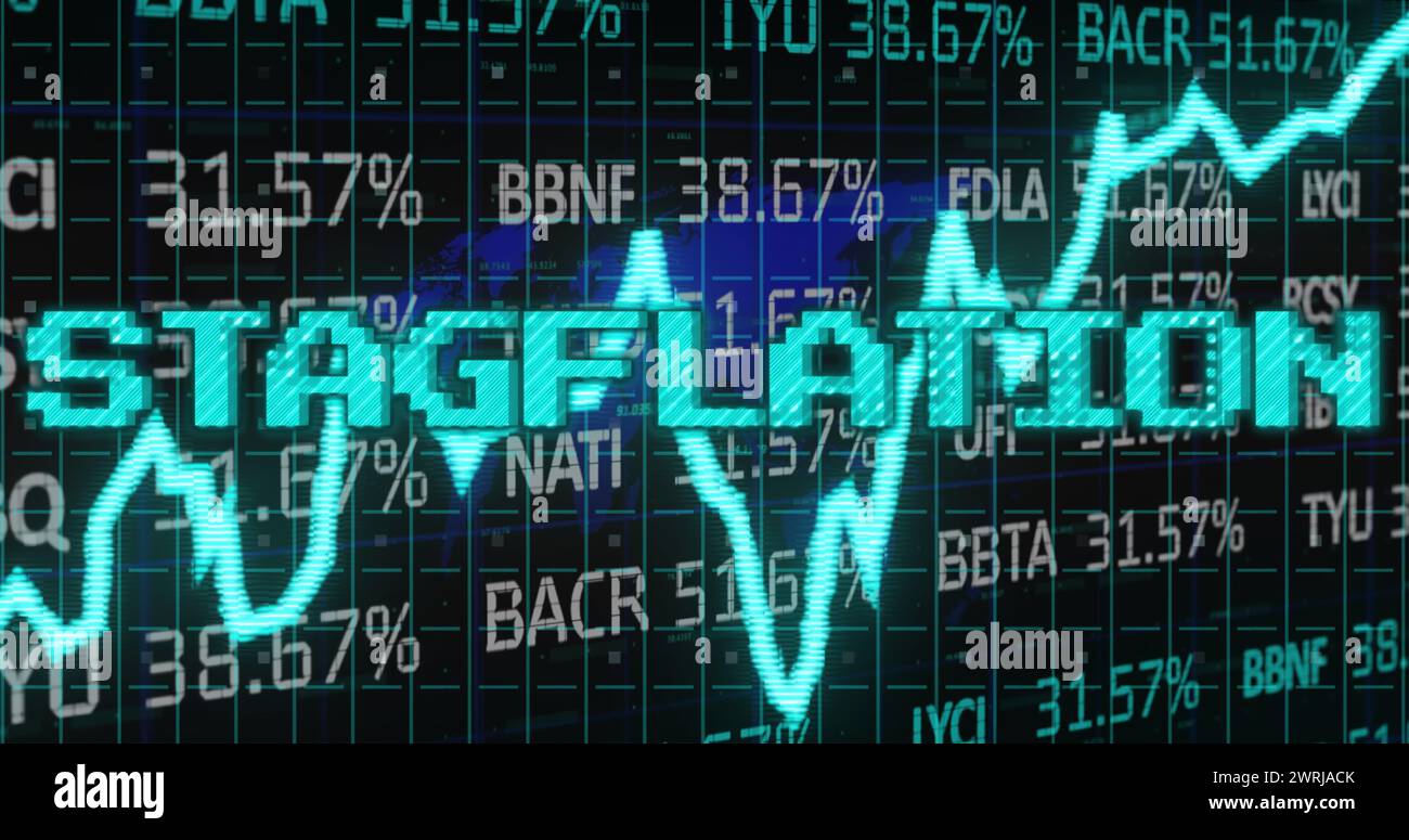 Image of stagflation text in blue over graph and financial data processing Stock Photo - Alamy