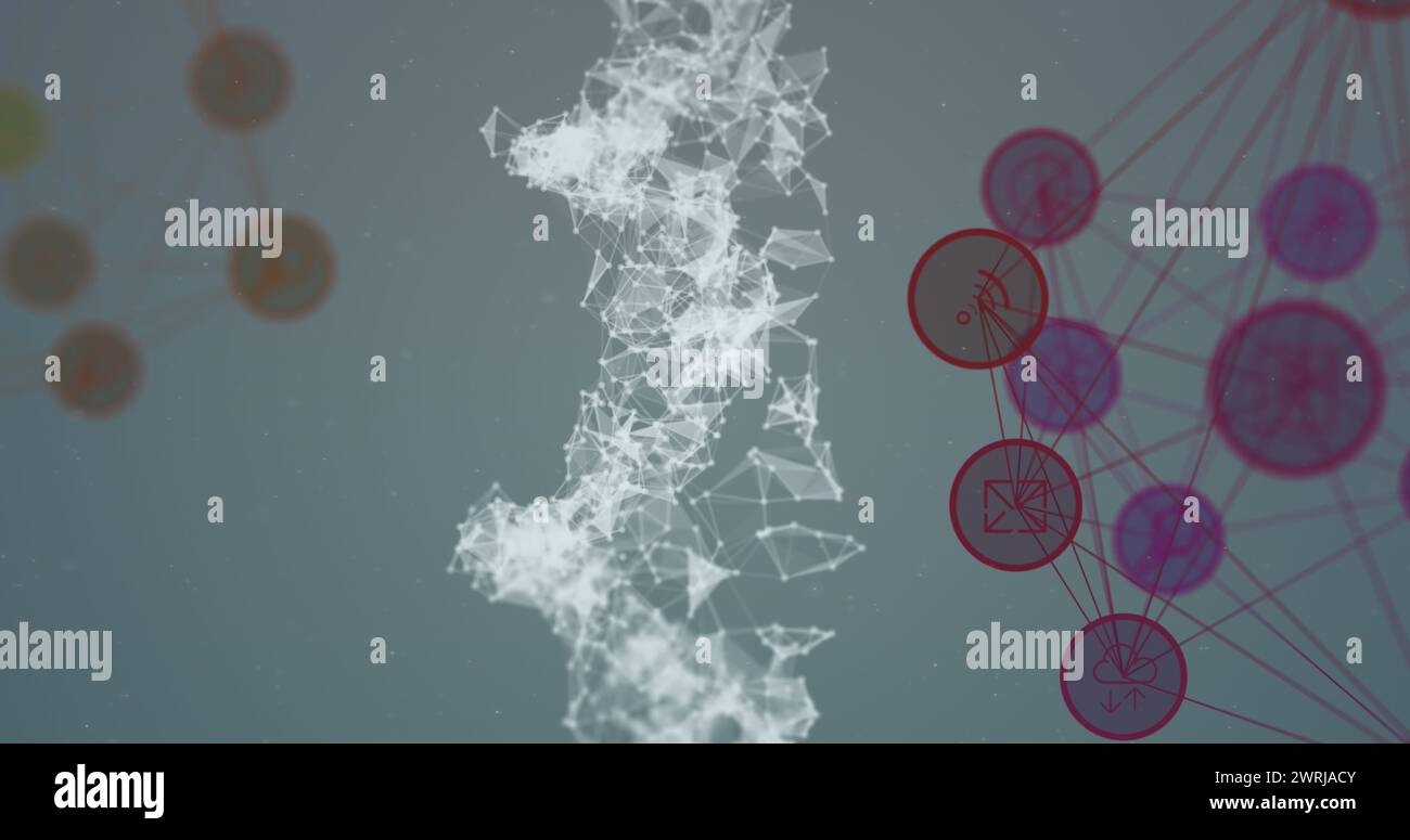 Image of rotating DNA strand and network of connecting icons floating ...