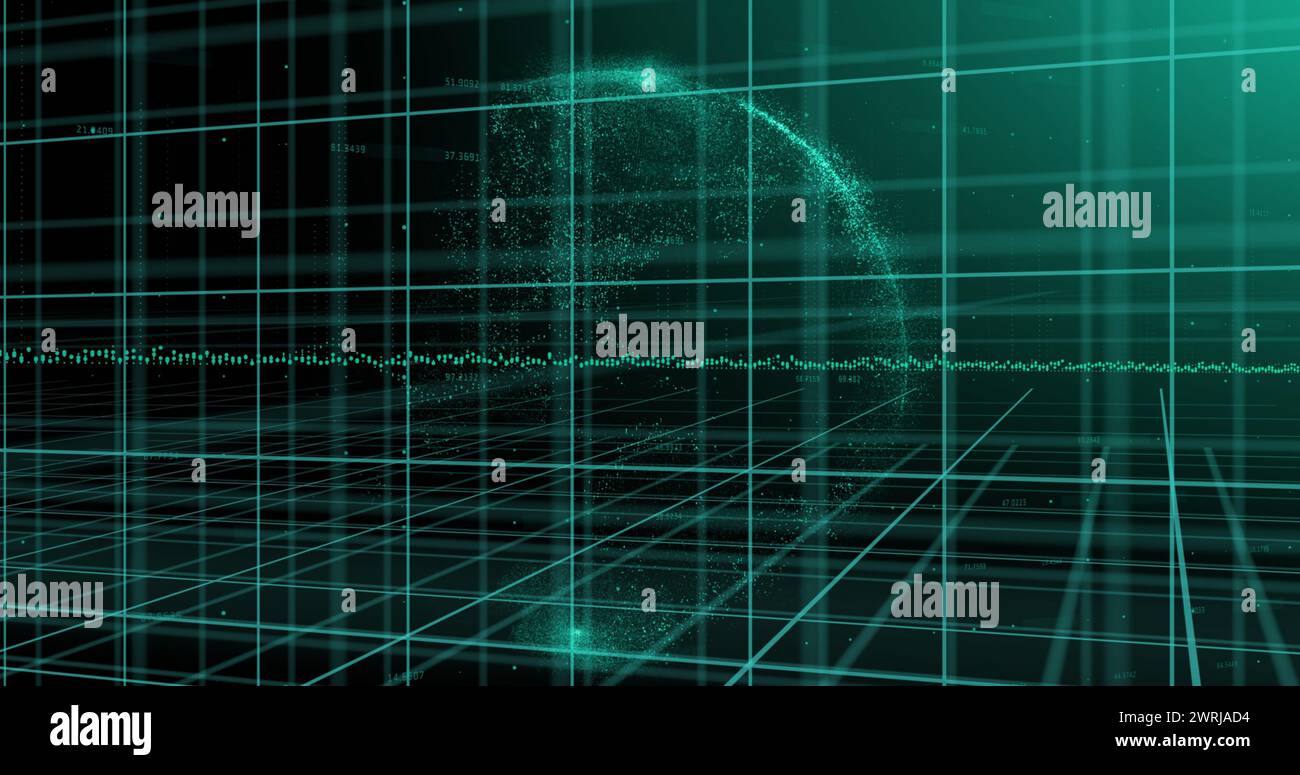 Image of 3d grid over glowing globe and graph processing data on black ...