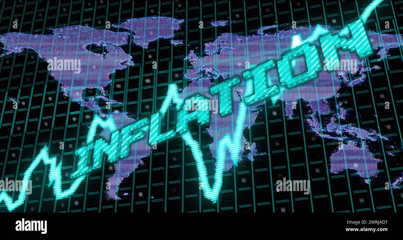 Image of inflation text in blue over graph and world map with data processing Stock Photo - Alamy