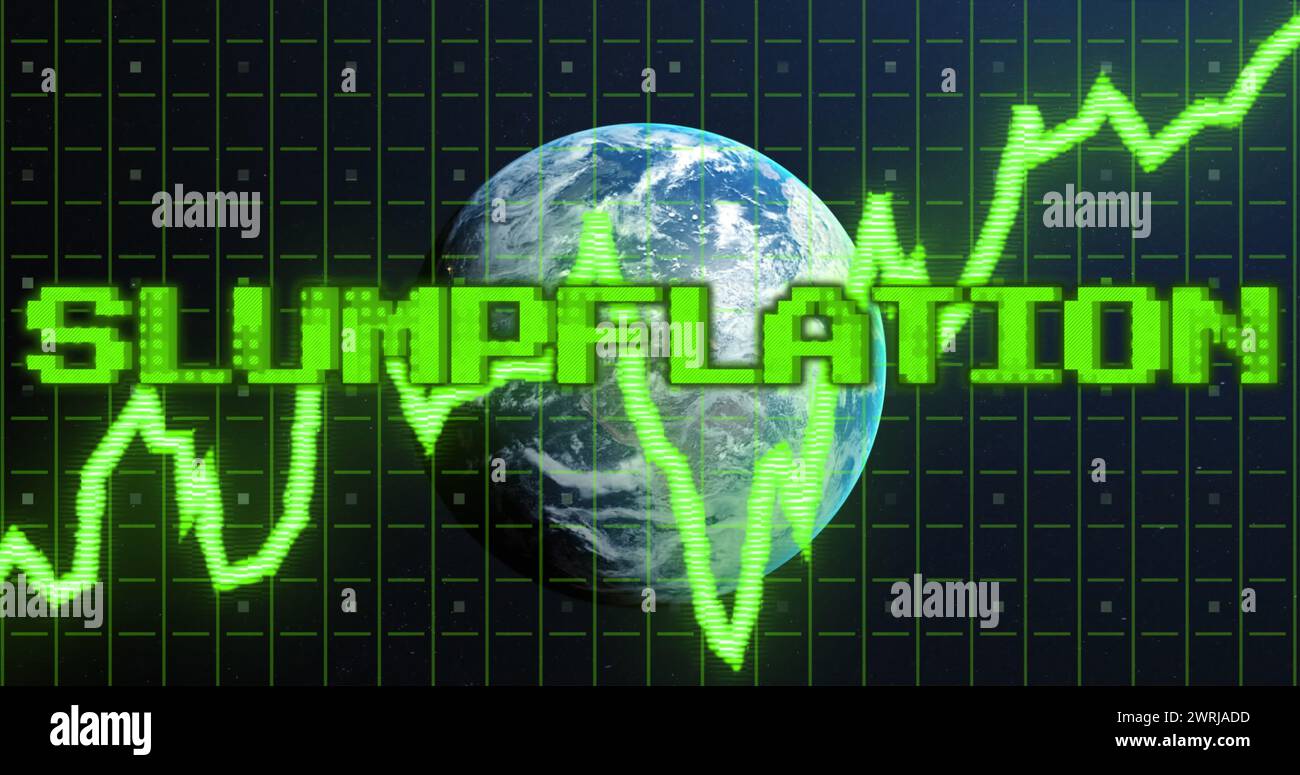 Image of slumpflation text in green over green graph processing data ...