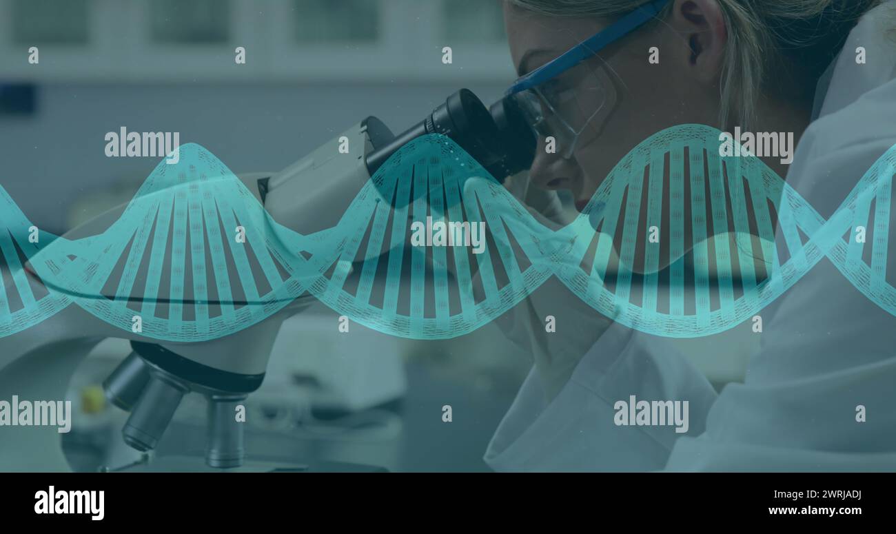 Image of rotating DNA strand over scientist wearing lab coat working in ...